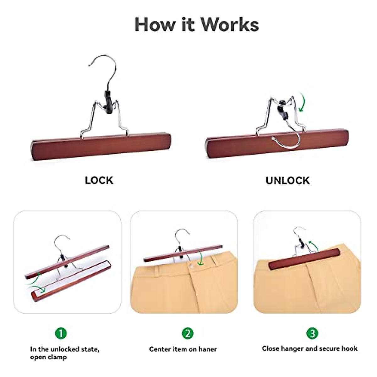 Nature Smile Wooden Non Slip Pants Skirt Hangers, Smooth Finish Solid Wood Jeans Slack Clamp Hangers Hair Extension Hangers (20 Pack Cherry)