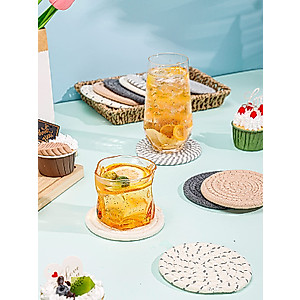 Boho Drink Coasters & Seagrass Basket Holder Set, 6 Styles 12 Pcs Handmade Braided Absorbent Coasters for Drinks, Hand Woven Seagrass Wicker Basket, Heat-resistant Woven Coasters for Table Home Decor