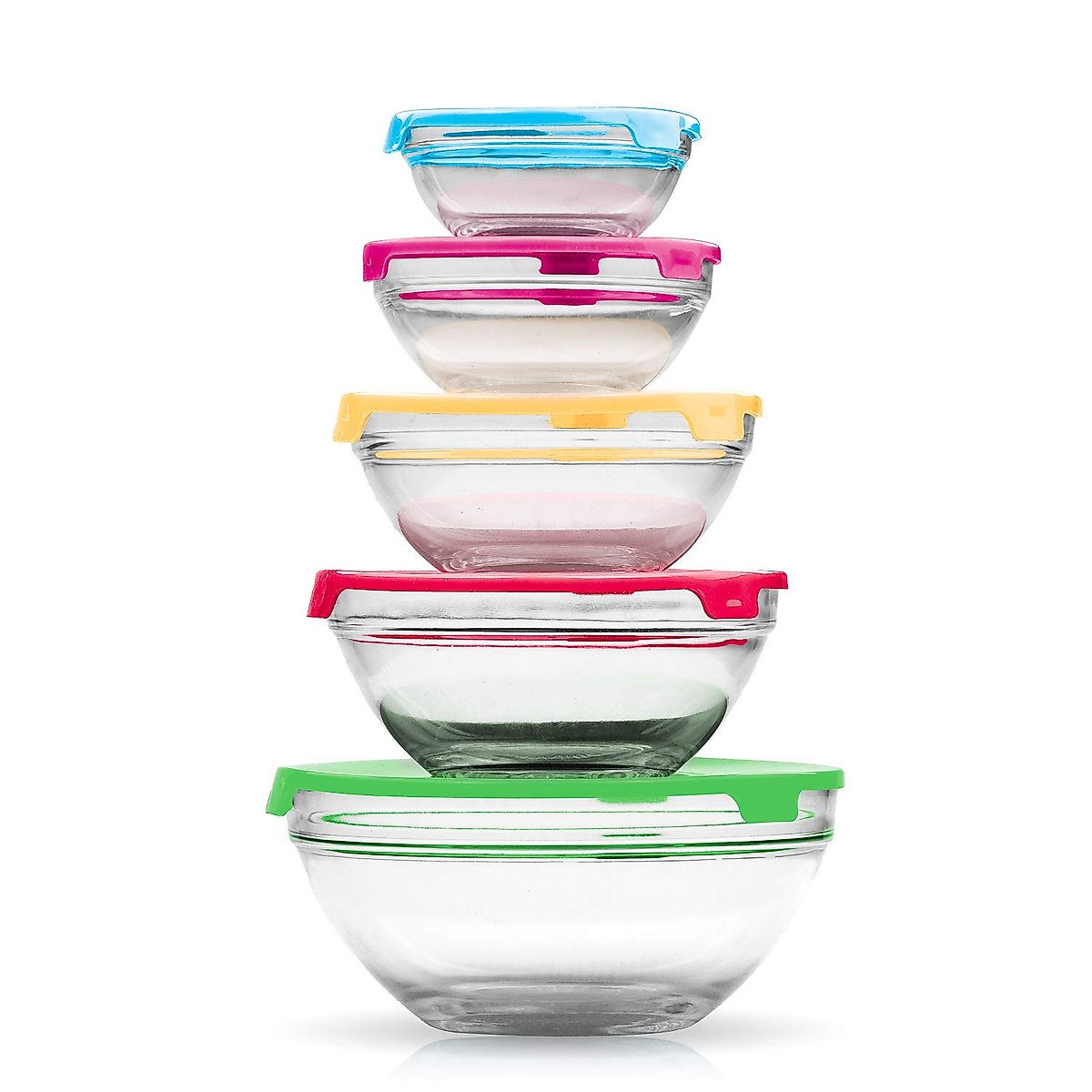 Stackable Glass Lunch Bowls/Multi Purpose Food Containers with Multi Color Lids - 5 Piece Set