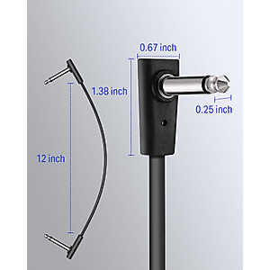 Donner Flat Patch Cables for Guitar Effect Pedal 12 Inch Save Space Clear Sound 1/4" TS Right Angle 6 Packs