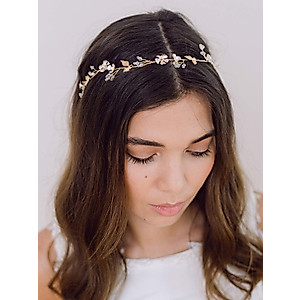 SWEETV Handmade Wedding Headband Flower-Leaf Bridal Headpieces for Wedding Hair Accessories Brides Hair Pieces Gold