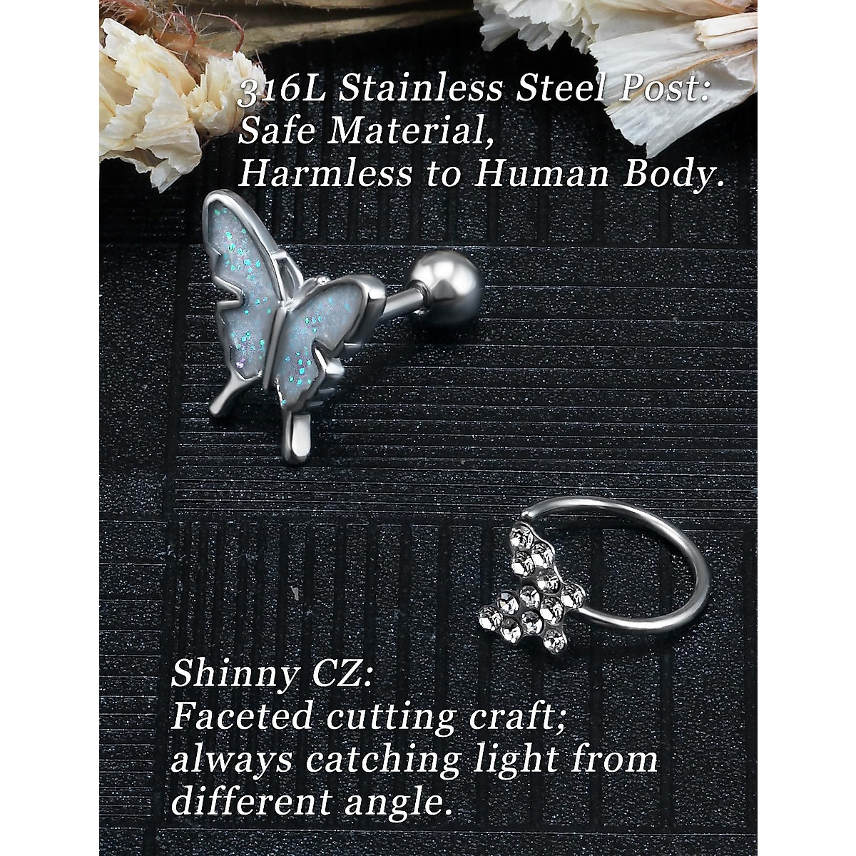 Oufksiyy tragus piercing jewelry 16G surgical steel tragus earrings for women cartilage earring Stud s Hoop butterfly cz Rook Piercing Jewelry For mens earrings Silver