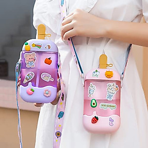 400ML/(13.5Oz) Cute Creative Ice Cream Popsicle Shape Water Bottle with Adjustable Shoulder Strap,4 Colors Available Leak Proof Drinking Bottles Suitable for Outdoor Like Travel,Sports (Purple)