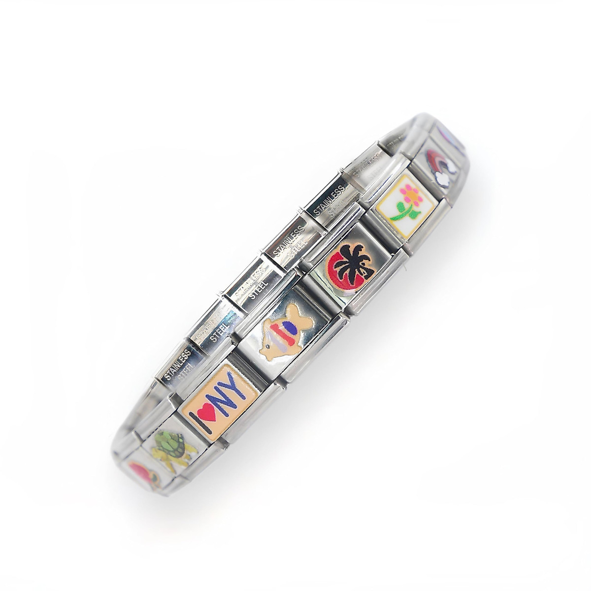 Decorated Italian Charm Bracelet, 18 charm bracelet with unique designs. 6.9 inches long, interchangeable charms