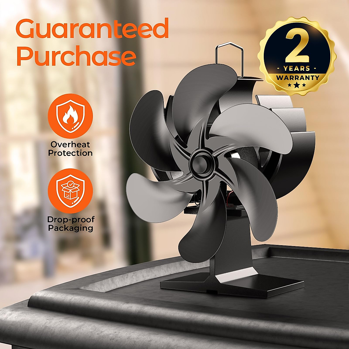 Zmirne Wood Stove Fan, 6 Blades Heat Powered Fireplace Fan with Magnetic Thermometer, Silent Stove Top Fan, Wood Stove Accessories, Non-Electric Fan for Wood Burning Stove/Pellet/Log Burner/Fireplace