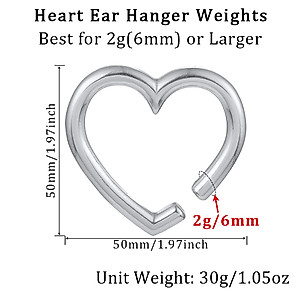 LADEMAYH Ear Weights for Stretched Ears, Heart 2g Gauges Earrings Dangle Gauges for Women, Silver Surgical Steel Ear Hangers Weighted Gauges Body Jewelry
