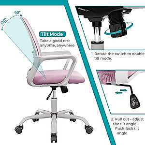 Office Chair Desk Chair Home Office Computer Chair with Wheels Mesh Office Chair with Lumbar Support, Mid Back Ergonomic Office Desk Chair with Armrests Adjustable Work Chairs, Pink