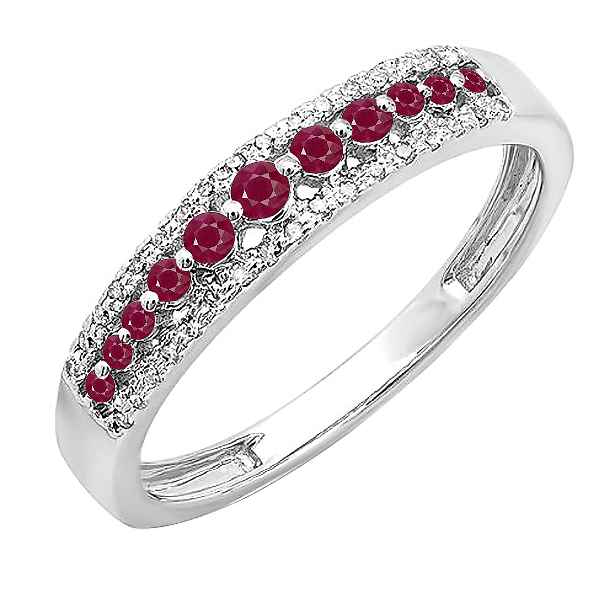Dazzlingrock Collection Round Ruby & White Diamond Triple Row Anniversary Ring for Women in 14K White Gold Size 7.5