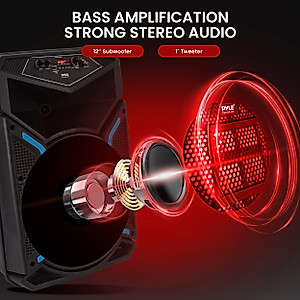 Pyle Portable Bluetooth PA Speaker System - 800W Outdoor Bluetooth Speaker Portable PA System w/ Microphone In, Party Lights, MP3/USB, FM Radio, Rolling Wheels - Mic, Remote - Pyle PPHP122SM,Black