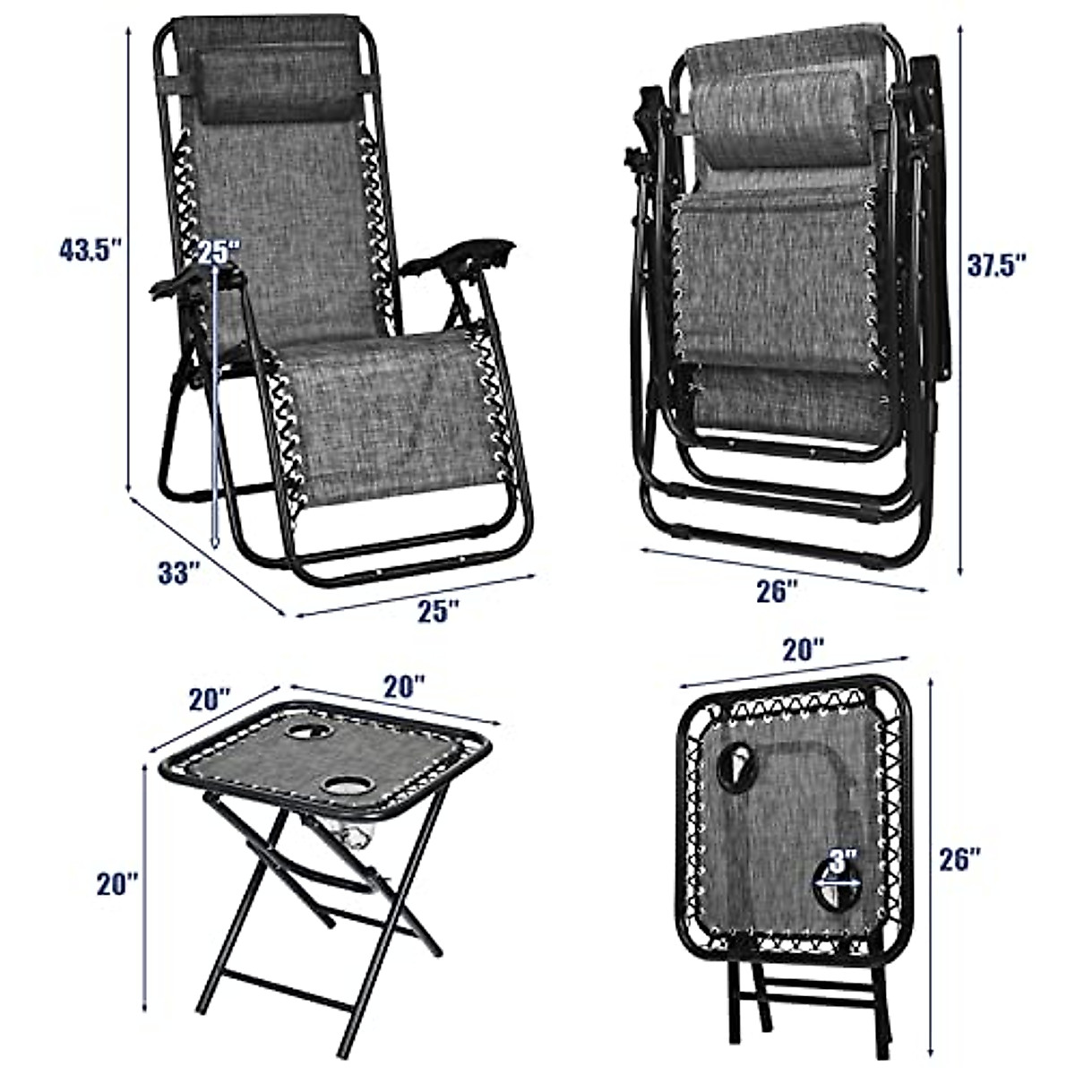 Tangkula 3 Pieces Outdoor Zero Gravity Chair Set, Folding Reclining Lounge Chair with Adjustable Backrest, Head Pillow, Matching Table with Cup Holder, Camping Recliner for Poolside, Yard (Grey)