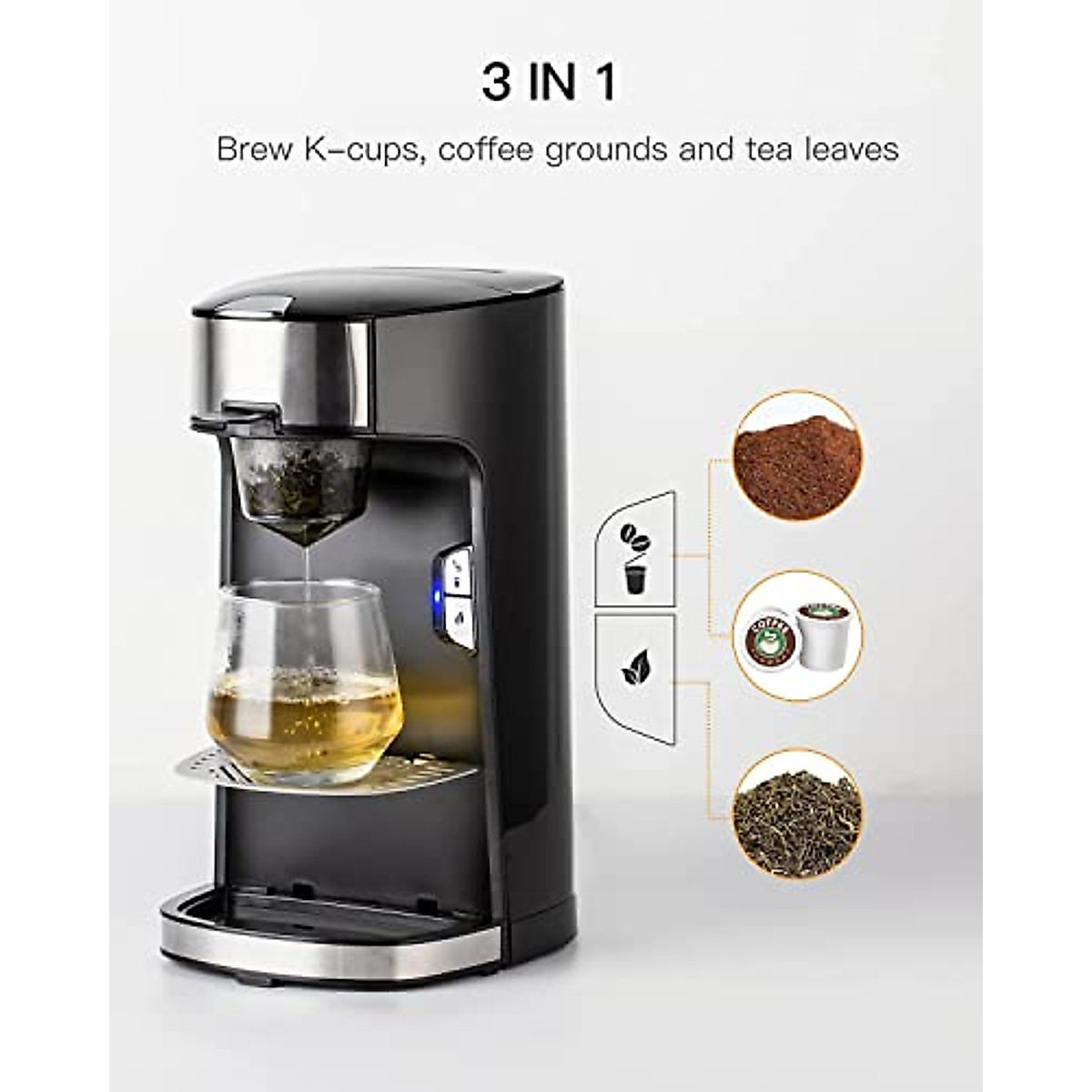 Coffee Maker, 3 in 1 Coffee & Tea Maker for K Cup, Loose Leaf Tea & Ground Coffee Compatible, with Fast & Fresh Brewed, 8 to 14 Oz. Brew Sizes and Self Cleaning Function