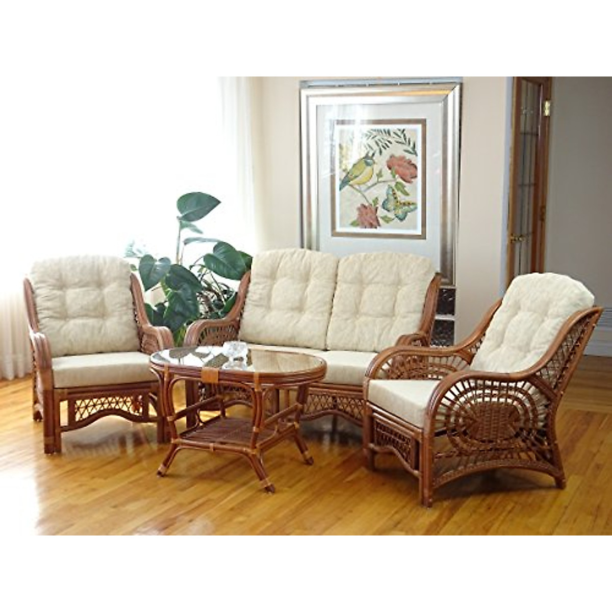 Malibu Lounge Living Accent Armchair Natural Rattan Wicker Handmade Design with Cream Cushion, Colonial