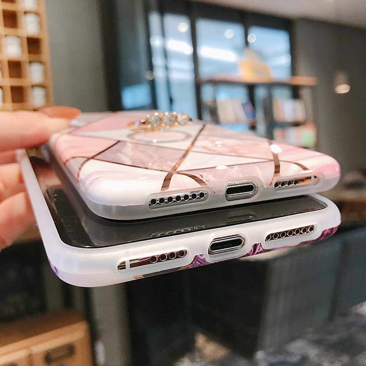 Qokey iPhone 11 Pro Case,Marble Case Cute Fashion for Women Girls Men with 360 Degree Rotating Ring Stand Kickstand Soft TPU Shockproof Cover Designed for iPhone 11 Pro 5.8 Inch Grid Bling