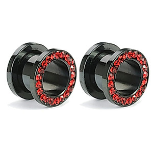 Surgical Steel Black Titanium with Red CZ Over Steel Screw-on Plugs/Gauges 2G (6MM) 2 Pieces (1 Pair) (B/4/2/60)