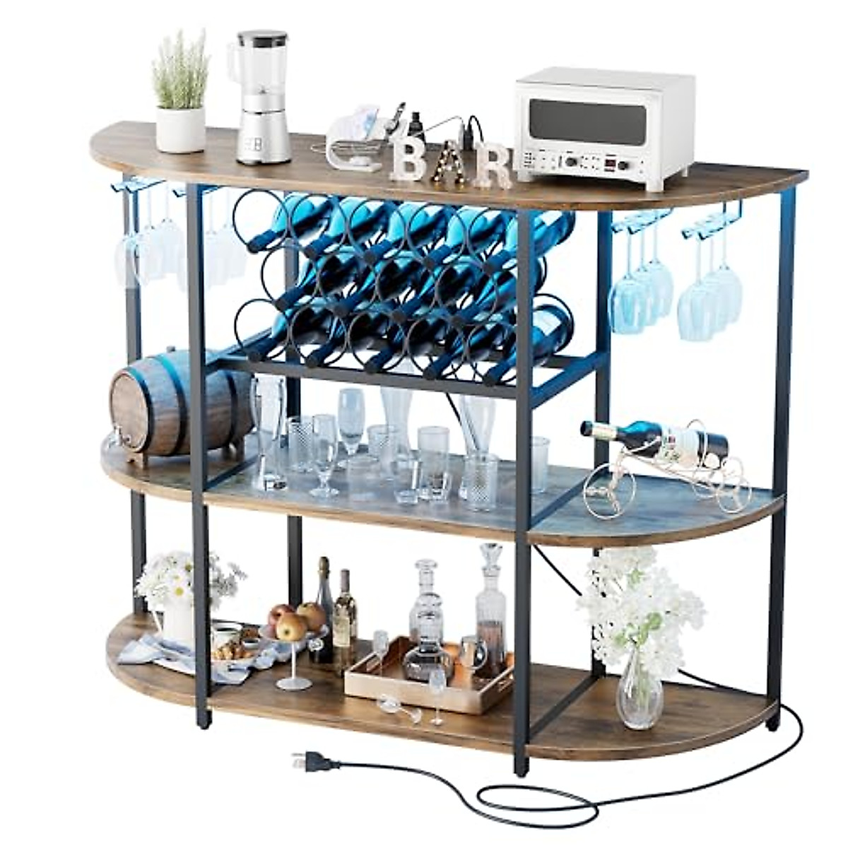 JUMMICO Wine Bar Cabinet with LED Light and Charging Station, Freestanding Wine Racks & Cabinet with 3 Tiers Storage Shelves and Footstands, Coffee Liquor Bar Cabinets for Home/Kitchen (Brown)