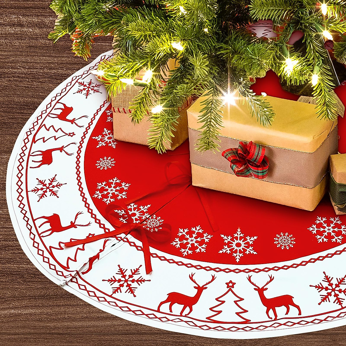 OurWarm Christmas Tree Skirt 36 Inch, Small Xmas Tree Skirts with Snowflake and Reindeer Pattern, Red and White Tree Mat for Christmas Winter Holiday Indoor Decorations