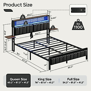 Bestier Queen Bed Frame with Upholstered Headboard and Charging Station, Foldable Bedside Shelves Storage, LED Metal Platform Bed, Easy Assembly, Black, Walnut