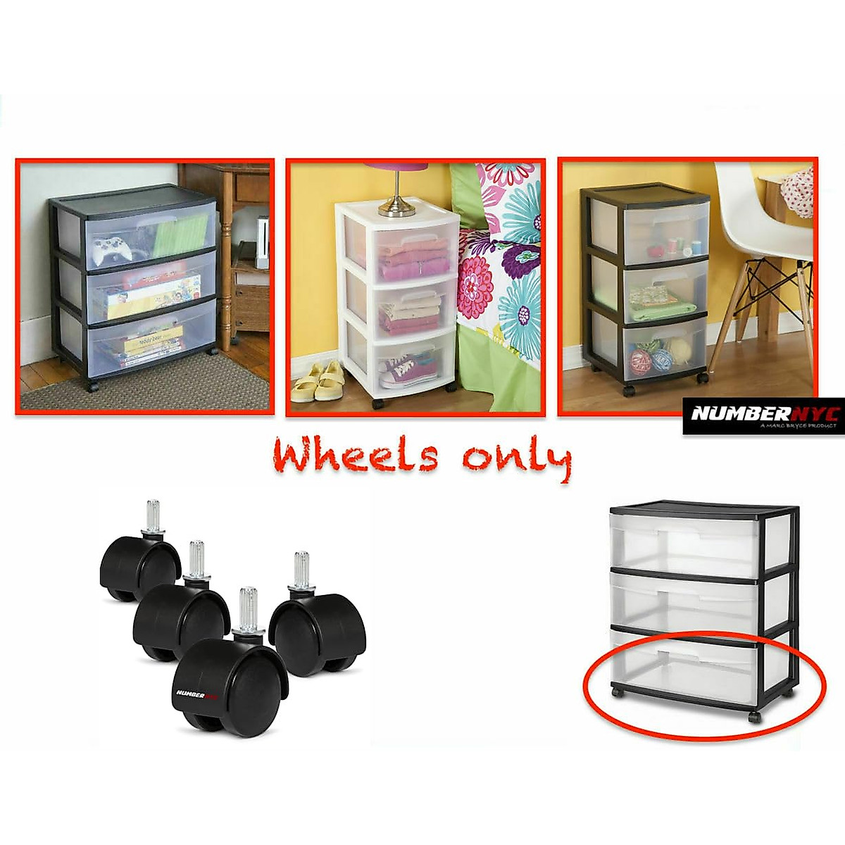 4 Caster Wheels for Plastic Drawers Carts & Storage Drawer Units 2" Replacement Casters by NUMBERNYC