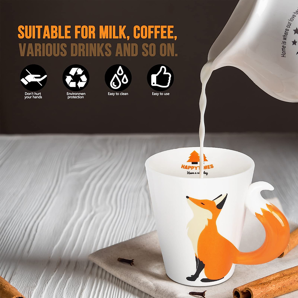 FRYSEFDFV Cute Cartoon Animal Shape Fox Porcelain Coffee Mugs Gifts For Women & Men, 12oz Funny White Ceramic Cups for Latte, Hot Tea, Cappuccino, Mocha, Cocoa