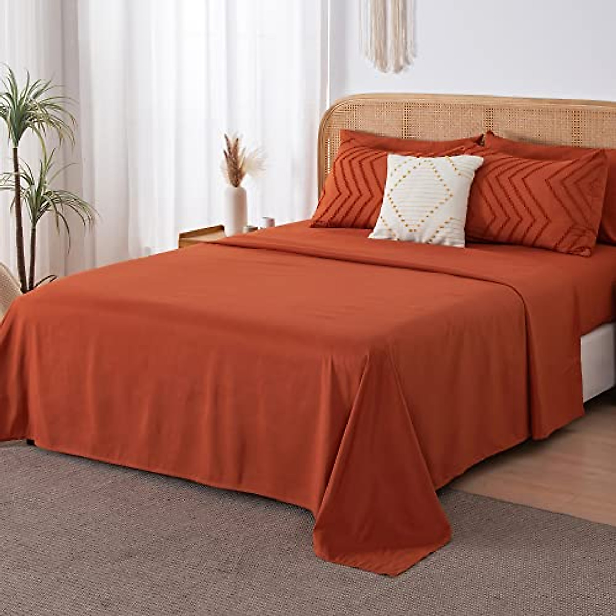 Litanika King Size Comforter Set with Sheets Burnt Orange - 7 Pieces Bed in a Bag King Boho Terracotta Complete Beddding Sets Rust Lightweight Bed Set with Comforter, Sheets, Pillowcases & Shams