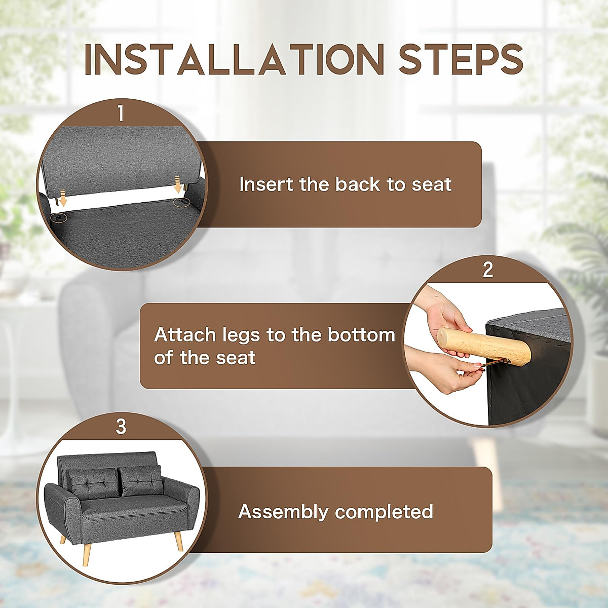 Oakmont 44" Small Modern Linen Fabric Loveseat Sofa, Comfortable and Stylish Love Seat with 2 Pillows and Thick Cushion, Durable Wood Leg Couch for Small Space, Living Room, Bedroom, Apartment (Grey)