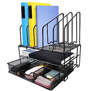 Desk File Organizer with Drawer Anyyuk Office Supplies Organizer with Double Tray and 5 Upright File Folder Holders Sections Desktop Organizer for Workspace Home Office School, Black