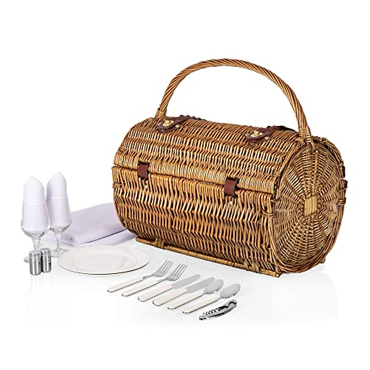 PICNIC TIME - Barrel Wicker Picnic Basket for 2 - Picnic Set - Wine Picnic Basket, (Red & White Gingham Pattern)