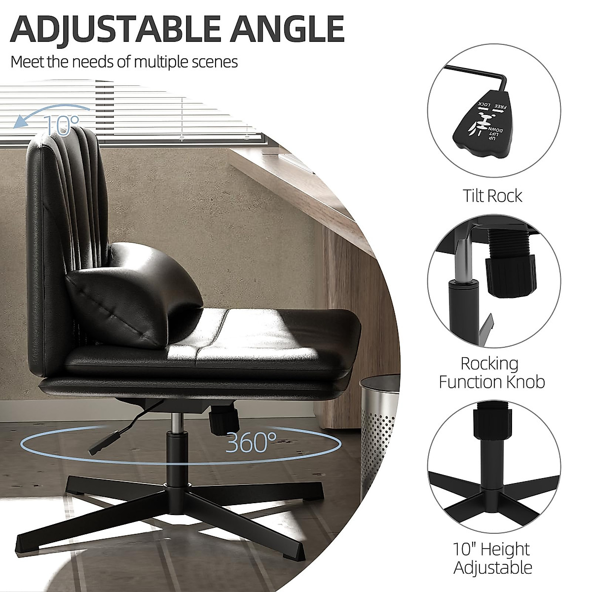 HONIFUR Extra Wide Seat Criss Cross Legged Office Chair with Lumbar Support, Comfy Armless Office Desk Chair No Wheels, Adjustable Swivel Computer Task Chairs for Vanity,Home,Office,Bedroom - Black