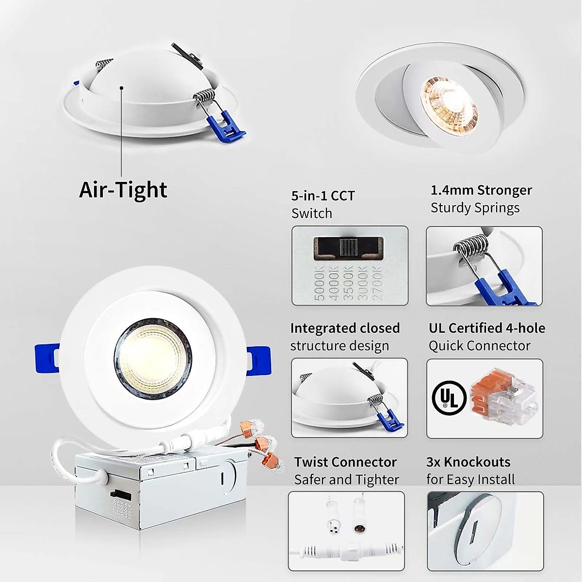 Adetu 4 Inch Gimbal Led Recessed Lights, 360°+90° Adjustable Directional Recessed Lighting, 2700K/3000K/3500K/4000K/5000K Dimmable Retrofit Eyeball Can Lights with Jbox, ETL(White, 6 Pack)