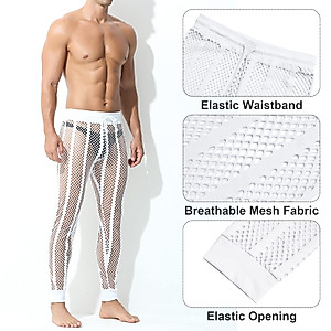 Men's Mesh Fishnet Pants See Through Drawstring Long Lounge Pajamas Muscle Leggings Underpants Underwear Sleepwear Openwork Netted Leggings Loose Bottoms