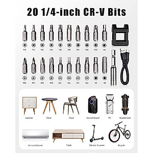 Electric Screwdriver, Cordless Power Screwdriver Set with 2000mAh Rechargeable Battery, 3.7V, 4 LEDs, USB-C Cable, 20pcs Bits, Automatic & Manual, High Torque 2.5Nm