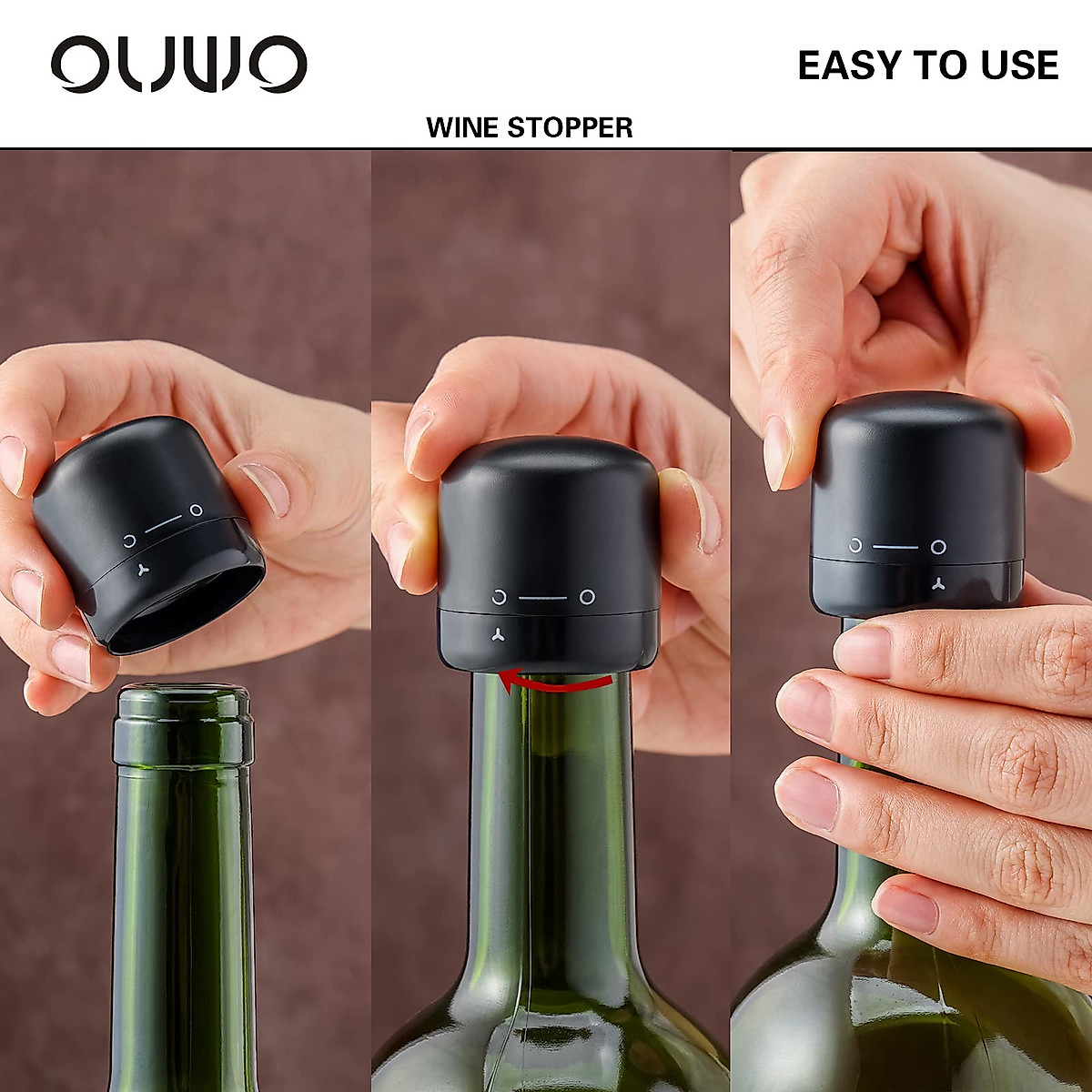 OUWO Wine Bottle Stopper, Wine Stopper with Silicone Wine Toppers Stopper Reusable Wine Saver, Wine Cork Superior Leak-Proof Keeps Wine Fresh Best Gift Accessories, Black 4 pack