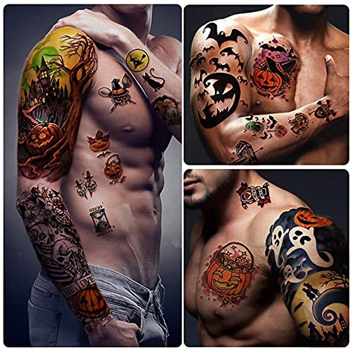 Yazhiji 40 Sheets Halloween Temporary Tattoos Pumpkin Witch Sugar Skull Tattoo Family Set Tats for Women Men Boys and Girls