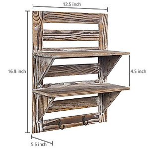 MyGift 2-Tier Torched Whitewashed Wood Wall Mounted Shelf Rack with Key Hooks, Entryway Storage Display Shelves, Bathroom Shelving and Towel Hooks, 7 x 13-Inches