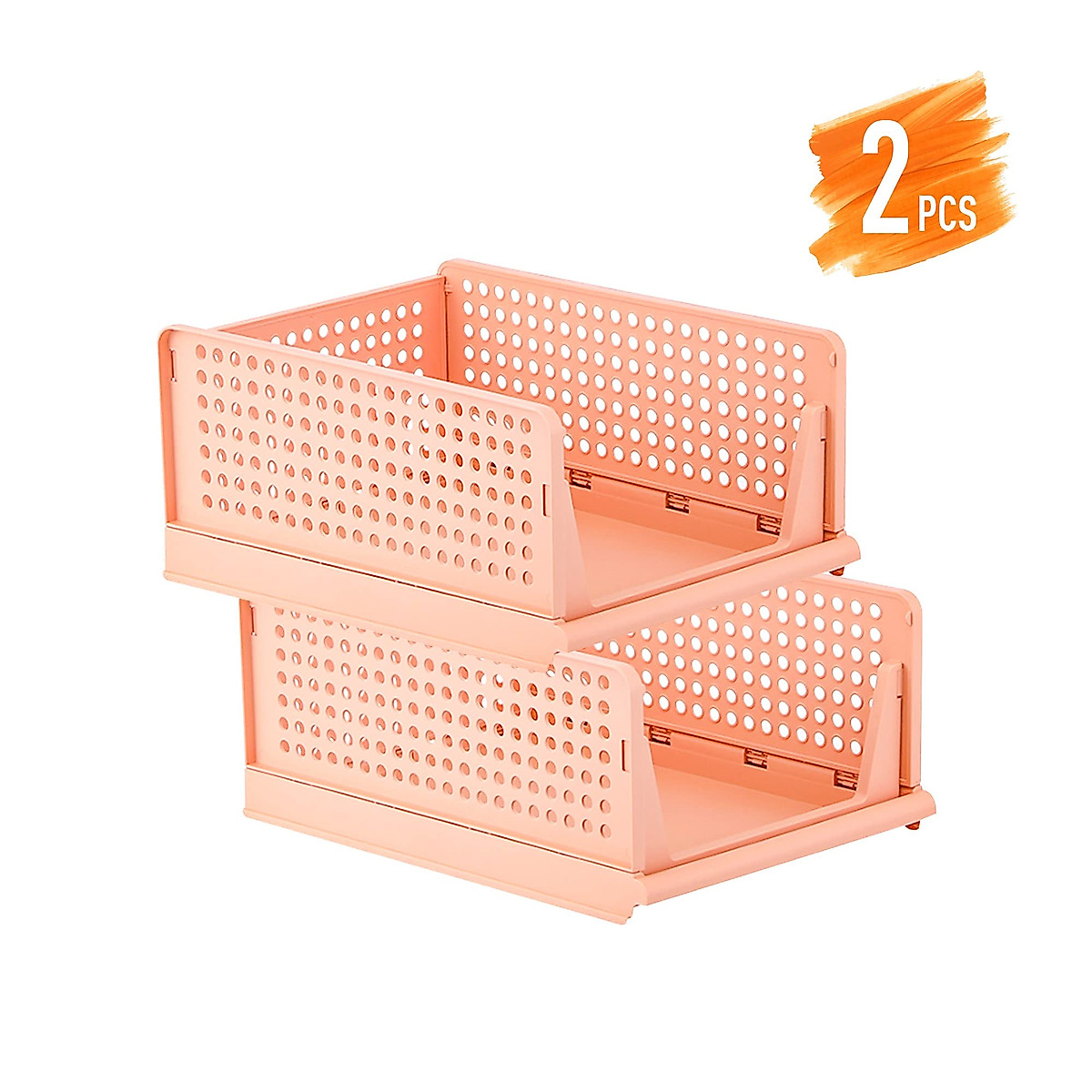 CYOIDAI Gywinovo souG 2 Pack (17x 13.2 x 7.3 inch) Stackable Plastic Storage Basket-Foldable Closet Organizers Storage Bins, Perfect for Kitchen, Office, Bedroom & Bathrooms(Pink)