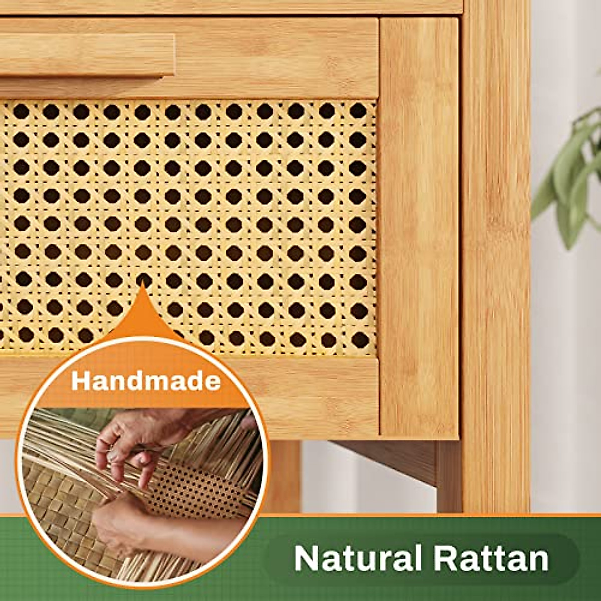 VIAGDO Nightstand with Charging Station, Bamboo End Table, Bedside Table with Rattan Drawer, Night Stand for Bedroom, Natural