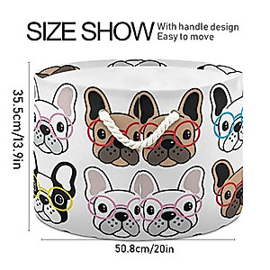 ALAZA Round Storage Basket Bin Cute Glasses French Bulldog Collapsible Waterproof Laundry Hamper Baby Nursery Basket Organizer with Handles for Bedroom Closet Toys Gifts