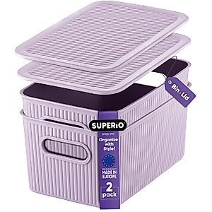 Superio Ribbed Collection - Decorative Plastic Lidded Home Storage Bins Organizer Baskets, Medium Lilac Purple (2 Pack - 5 Liter) Stackable Container Box, for Organizing Closet Shelves Drawer Shelf
