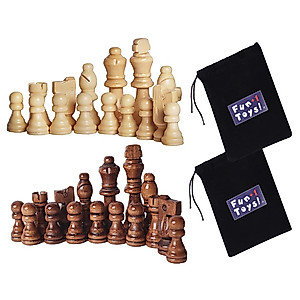 Fun+1 Toys! 32 Count Wooden Chess Pieces Only with Storage Bags - Staunton Style Wood Chess Pieces for Chess Tournament. Compatible with Any Chess Set, Contains King, Queen and Other Chessmens
