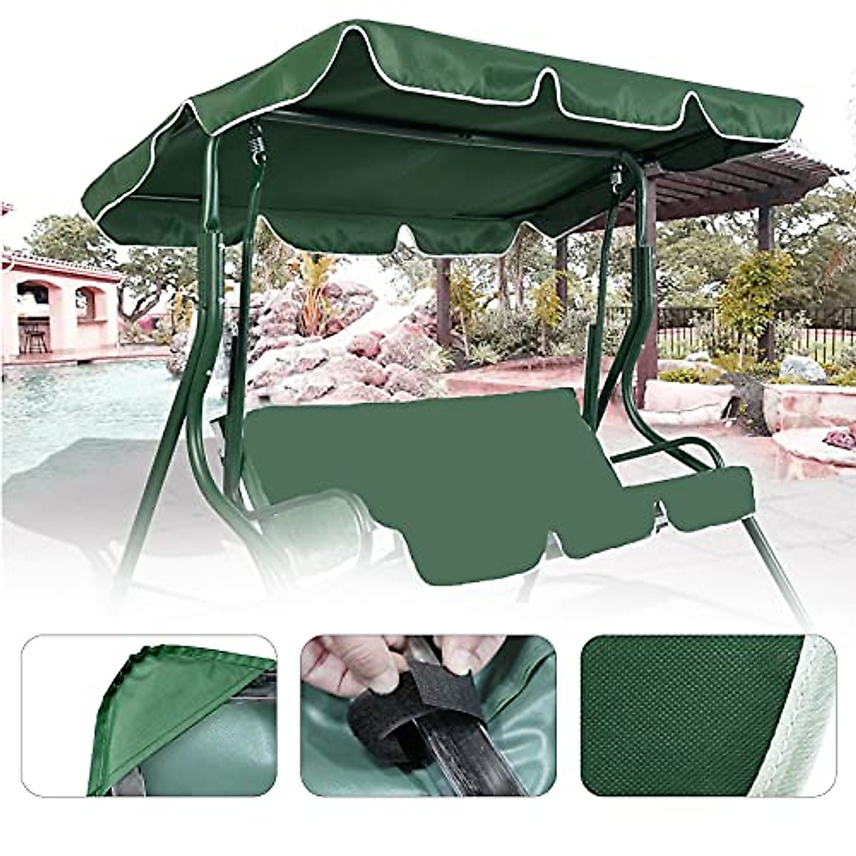 Swing Canopy Replacement Cover & Swing Seat Cover, 3 Seater Outdoor Swing Seat Cover Replacement Top Cover for Garden Patio, Patio Swing Cover Set Waterproof,Green,195x125x15cm/77x49x6''