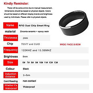 Riversmerge RFID Rewritable Dual Frequency in One ID T5577&IC CUID Black Ceramics Smart Finger Ring Wear for Men or Women (Black-20mm)