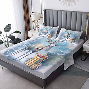 zcwl Christmas Sheets Full Size, Reindeer Bed Sheet Set, Super Soft Microfiber Patterned Bedding Sheet Sets 4 Piece, 16 Inch Deep Pocket Fitted Sheet & Flat Sheet & 2 Pillowcase