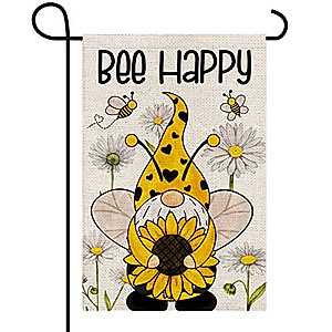 Texupday Bee Happy Gnome With Sunflower Daisy Decoration Double Sided Burlap Garden Flag Spring Summer Seasonal Outdoor Yard Flag 12" x 18"