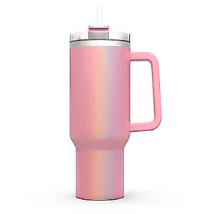 40 oz Rainbow Tumbler with Handle and Straw with lid Stainless Steel Thermos Mug Coffee Cup Outdoor Sports Travel Sippy Mug Gift Sparkling powder (rainbow Pink)