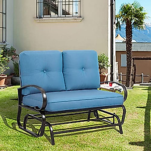 JY QAQA Outdoor Patio Metal Glider Rocking Bench, Garden Porch Furniture Glider, Wrought Iron Chair Set with Cushion, Blue