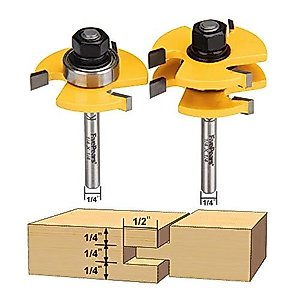 FivePears 2 Pieces of Tongue and Groove Router Bits Set with 1/4" Shank,3 Teeth T Shape Wood Milling Cutter Woodworking Tool