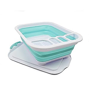SAMMART 7.5L (2 Gallon) Collapsible Dish Drainer with Drainer Board - Foldable Drying Rack Set - Portable Dinnerware Organizer - Space Saving Kitchen Storage Tray (White/Lake Green, 1)