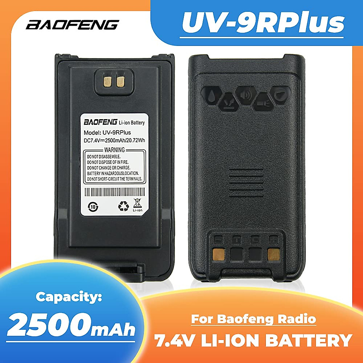 Vineyuan 7.4V 2500mAh Li-ion Replacement Battery for Baofeng UV-9R Plus Two Way Radio Battery