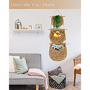 MOVNO Hanging Fruit Basket, Handmade Macrame Hanging Basket, Decorative Macrame Fruit Basket Hanging, Space Saving Boho Fruit Basket, Perfect for Kitchen/Room/Living Room Organization Storage