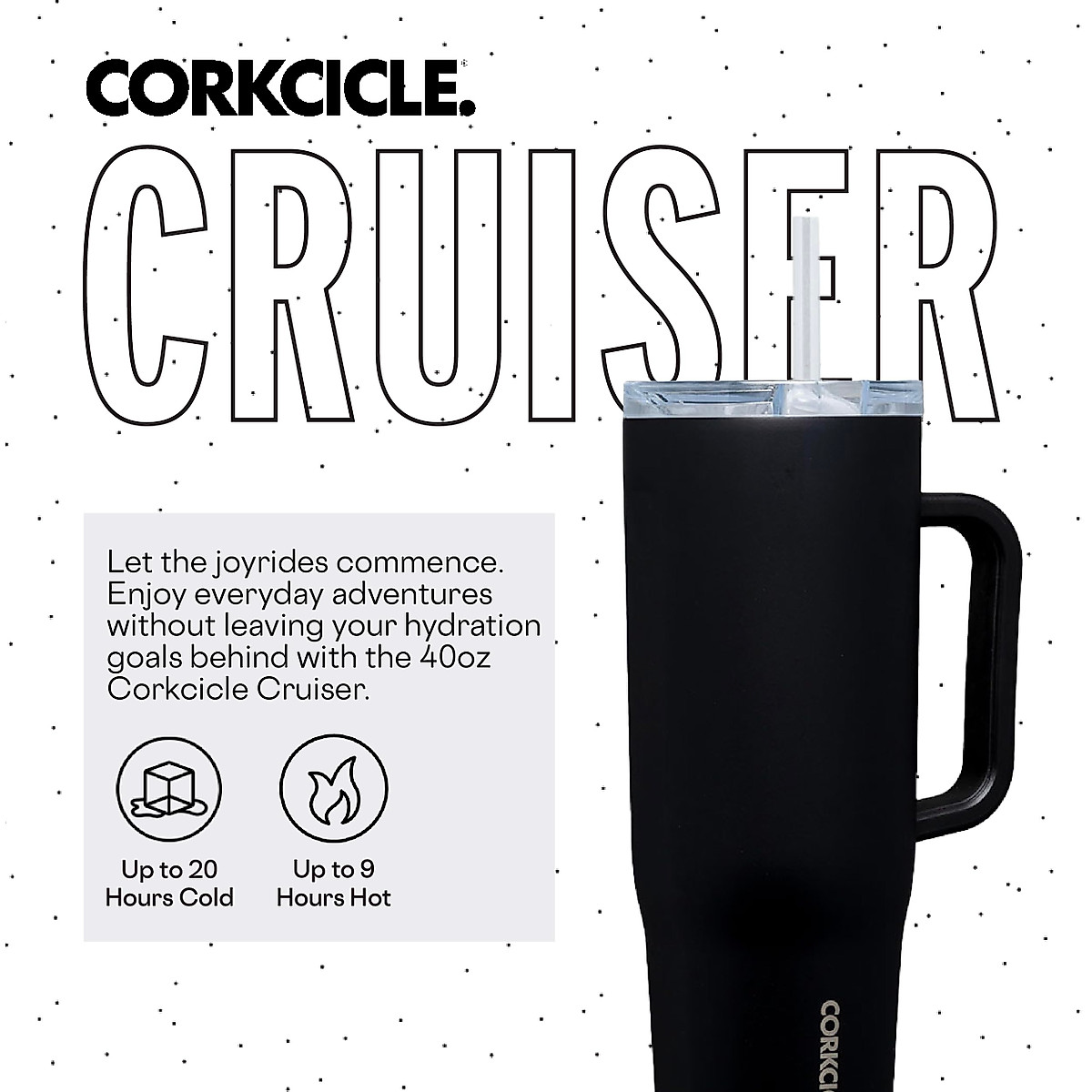 Corkcicle Cruiser Insulated Tumbler with Handle and Straw, Black, 40 oz – Reusable Water Bottle Keeps Beverages Cold for 20 Hours, Hot for 9 Hours – Cupholder Friendly, Spill Proof Tumbler